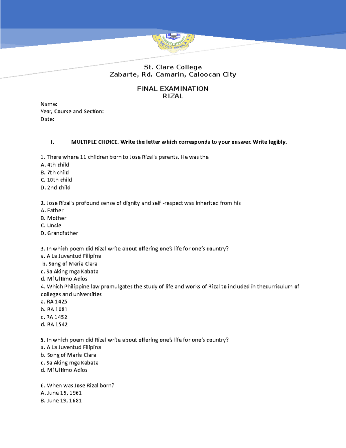 Final-EXAM- Rizal - final exam - Zabarte, Rd. Camarin, Caloocan City ...