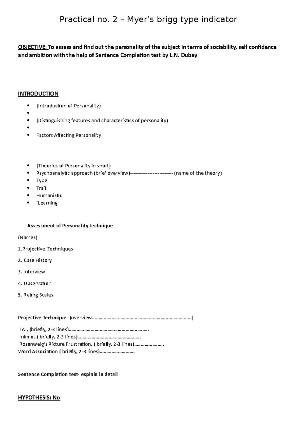 Sentence Completion test - Practical no. 2 – Myer’s brigg type ...