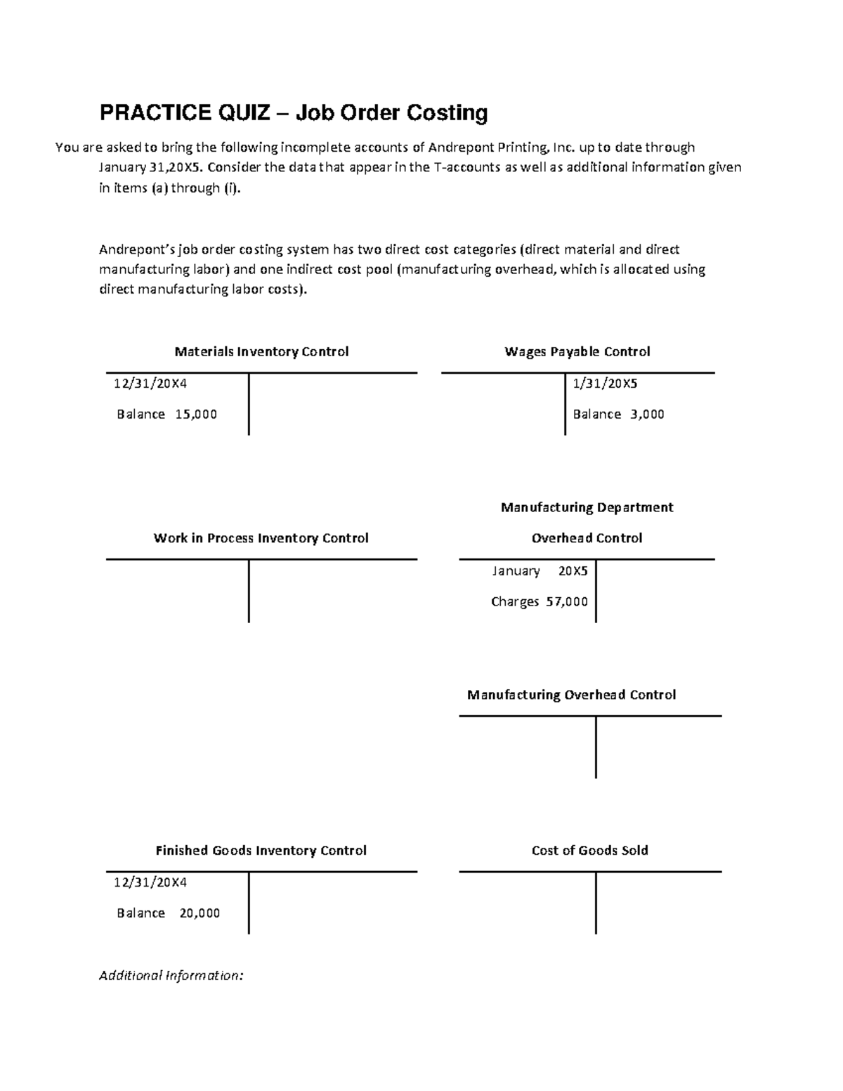 26 Practice QUIZ – Job Order Costing - PRACTICE QUIZ – Job Order ...