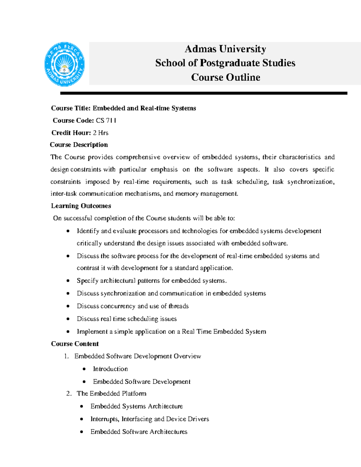 Real Time and Embedded Systems - Admas University School of ...