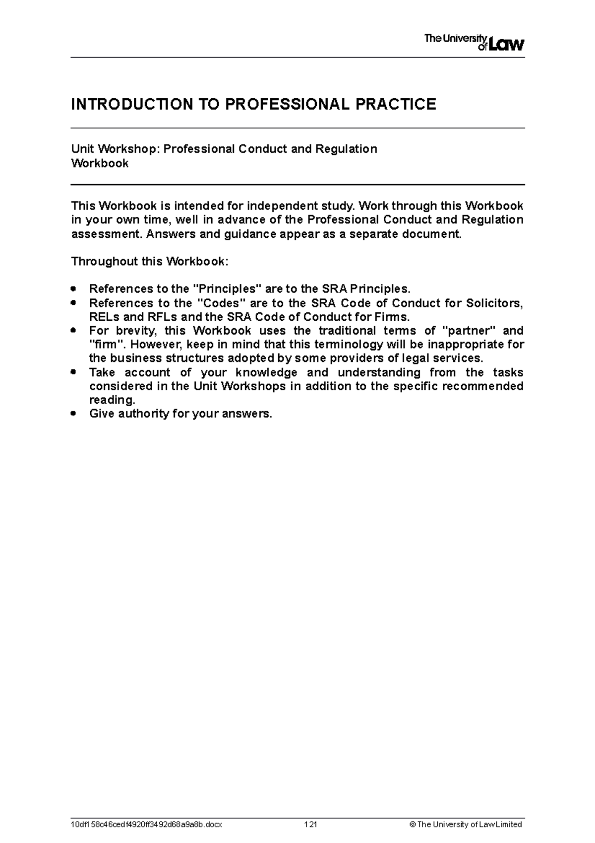 Professional Conduct and Regulation Workbook - INTRODUCTION TO ...