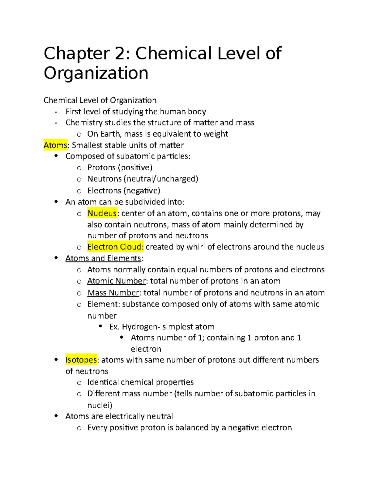 Chapter 2 - Lecture notes 2 - Chapter 2: Chemical Level of Organization ...