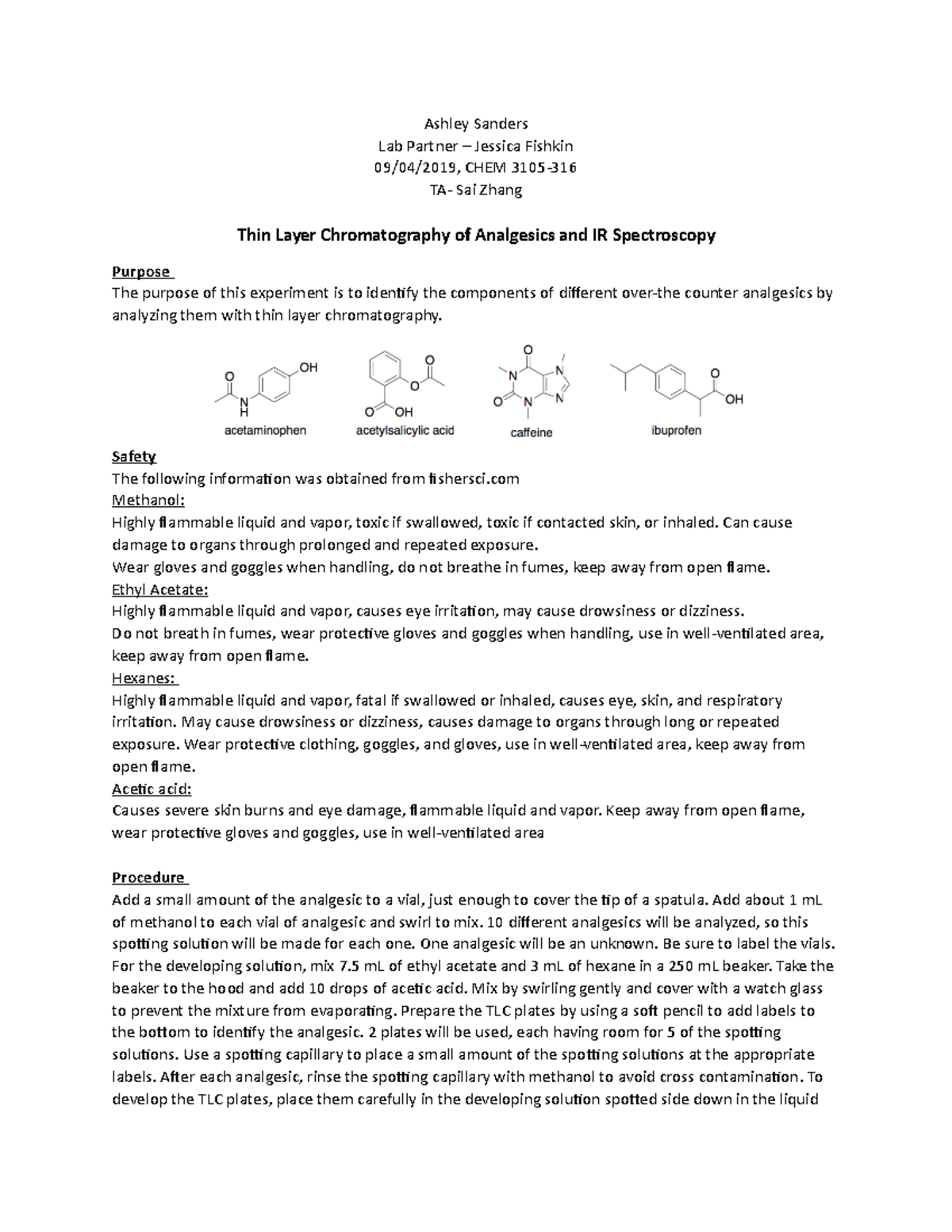Ochem Expt 5 - lab report for the 5th lab, thin layer chromatography ...