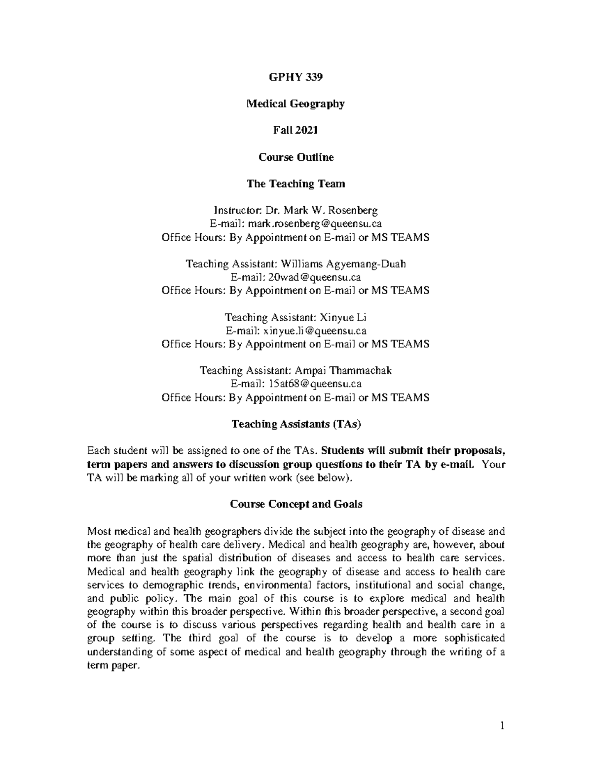 2021 Course Outline - Syllabus - GPHY 339 Medical Geography Fall 2021 ...