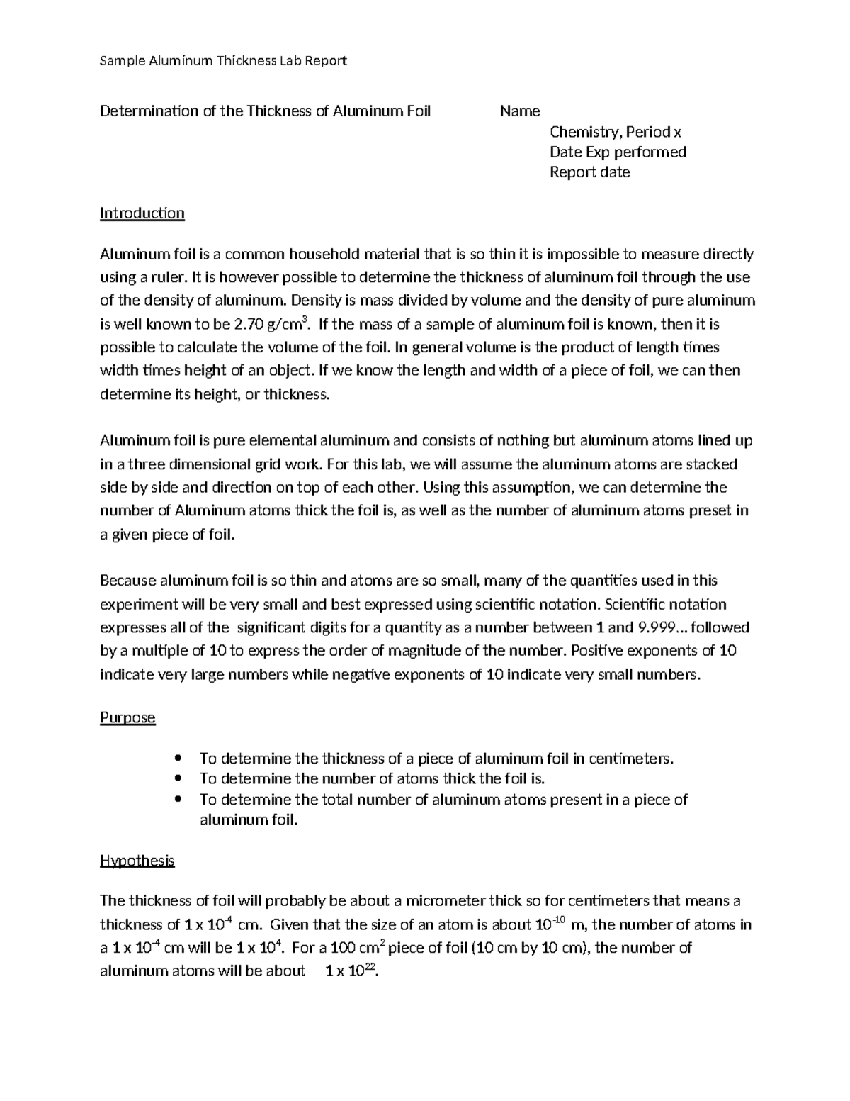 Sample Al Foil Lab - Determination of the Thickness of Aluminum Foil ...