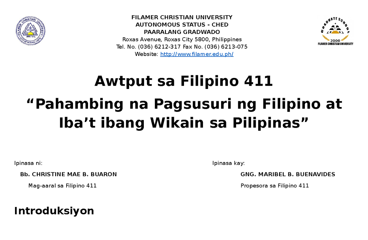 FIL 411- Buaron, C.M ( Awtput) - FILAMER CHRISTIAN UNIVERSITY ...