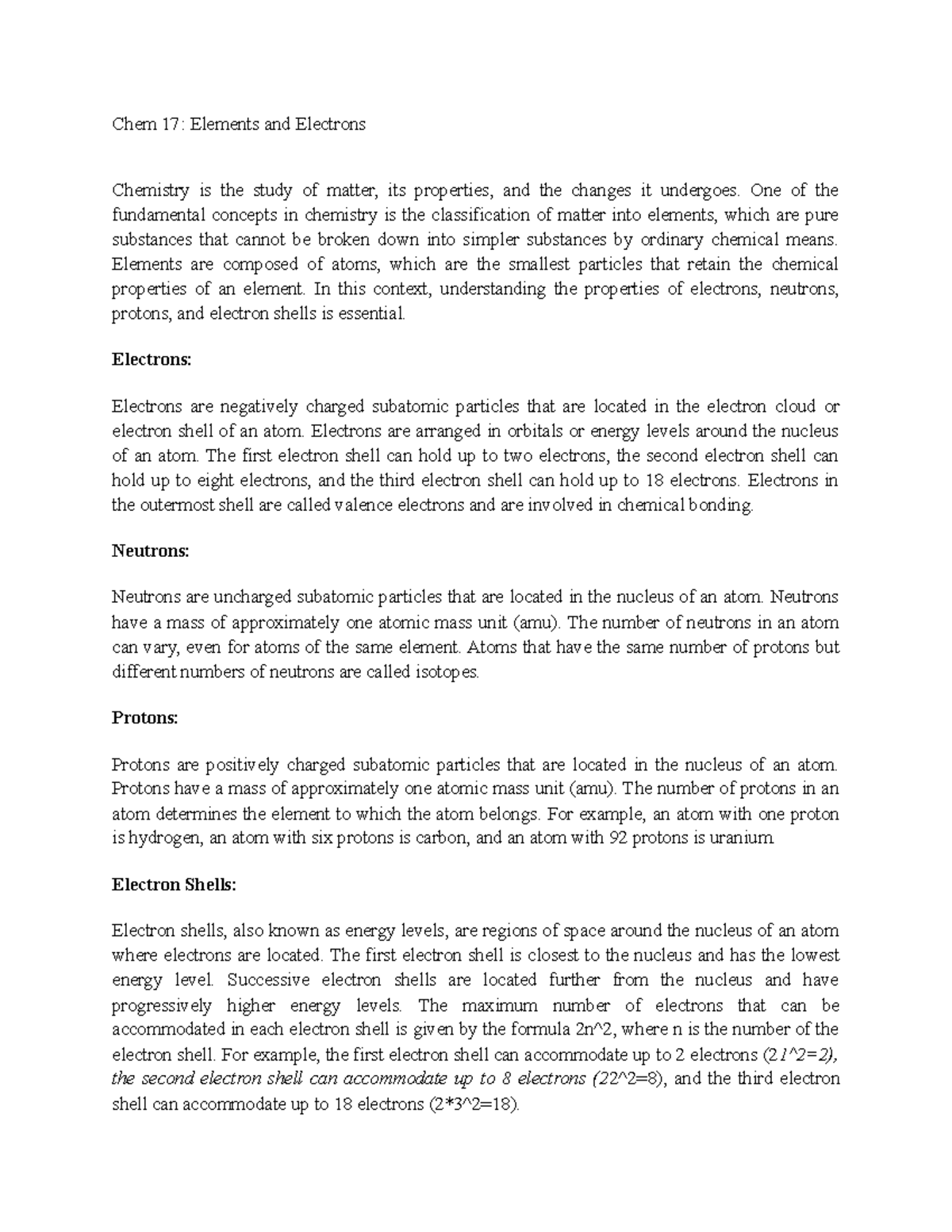 Chem 17- Elements and Electrons - Chem 17: Elements and Electrons ...