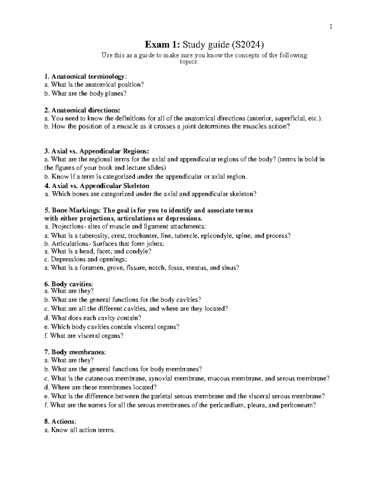 Exam 1 Study Guide S2024 - Exam 1: Study guide (S 2024 ) Use this as a ...