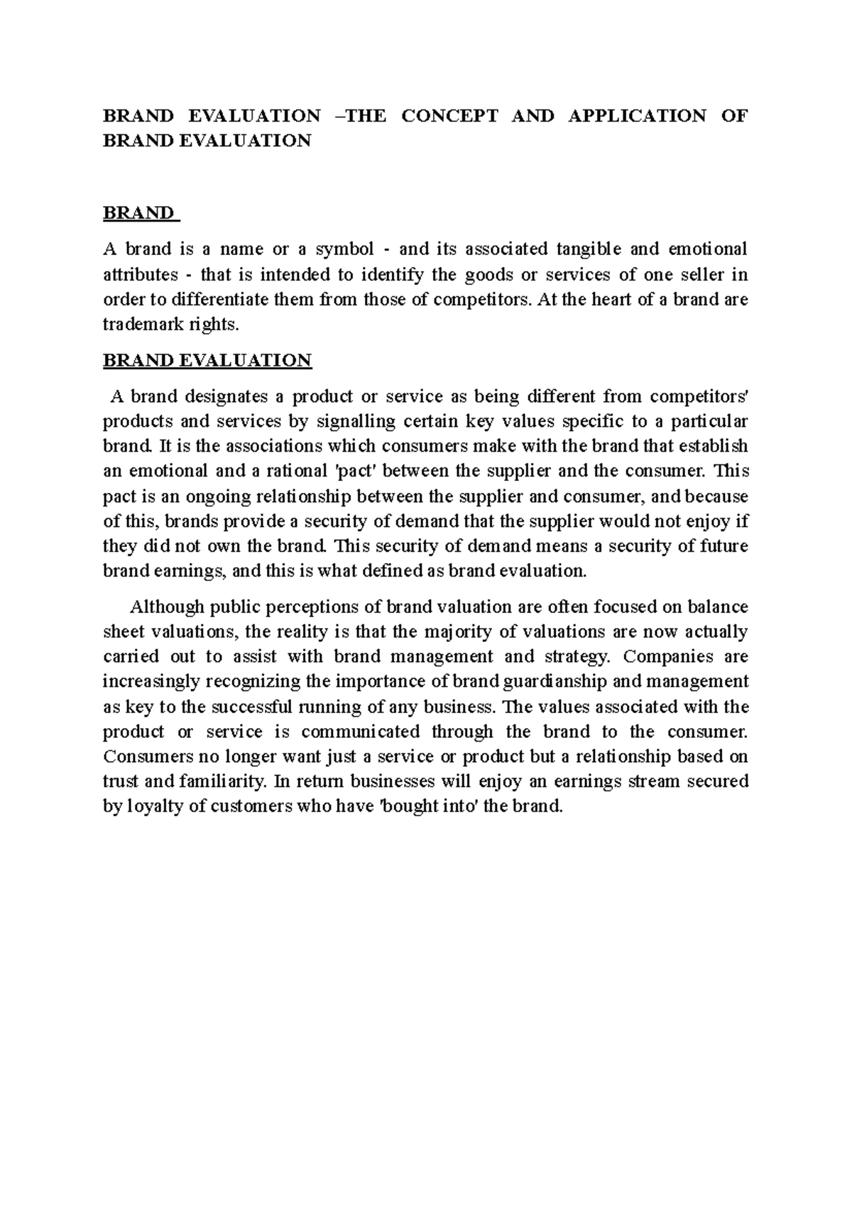 Brand Evaluation 1 - BRAND EVALUATION –THE CONCEPT AND APPLICATION OF ...