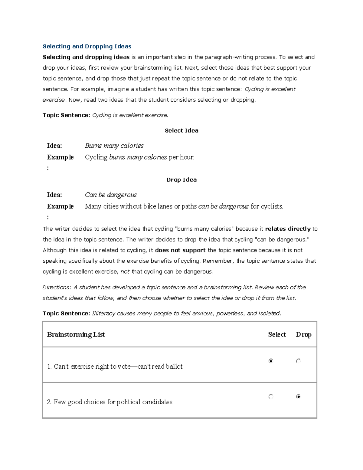 Selecting and Dropping Ideas - Selecting and Dropping Ideas Selecting ...