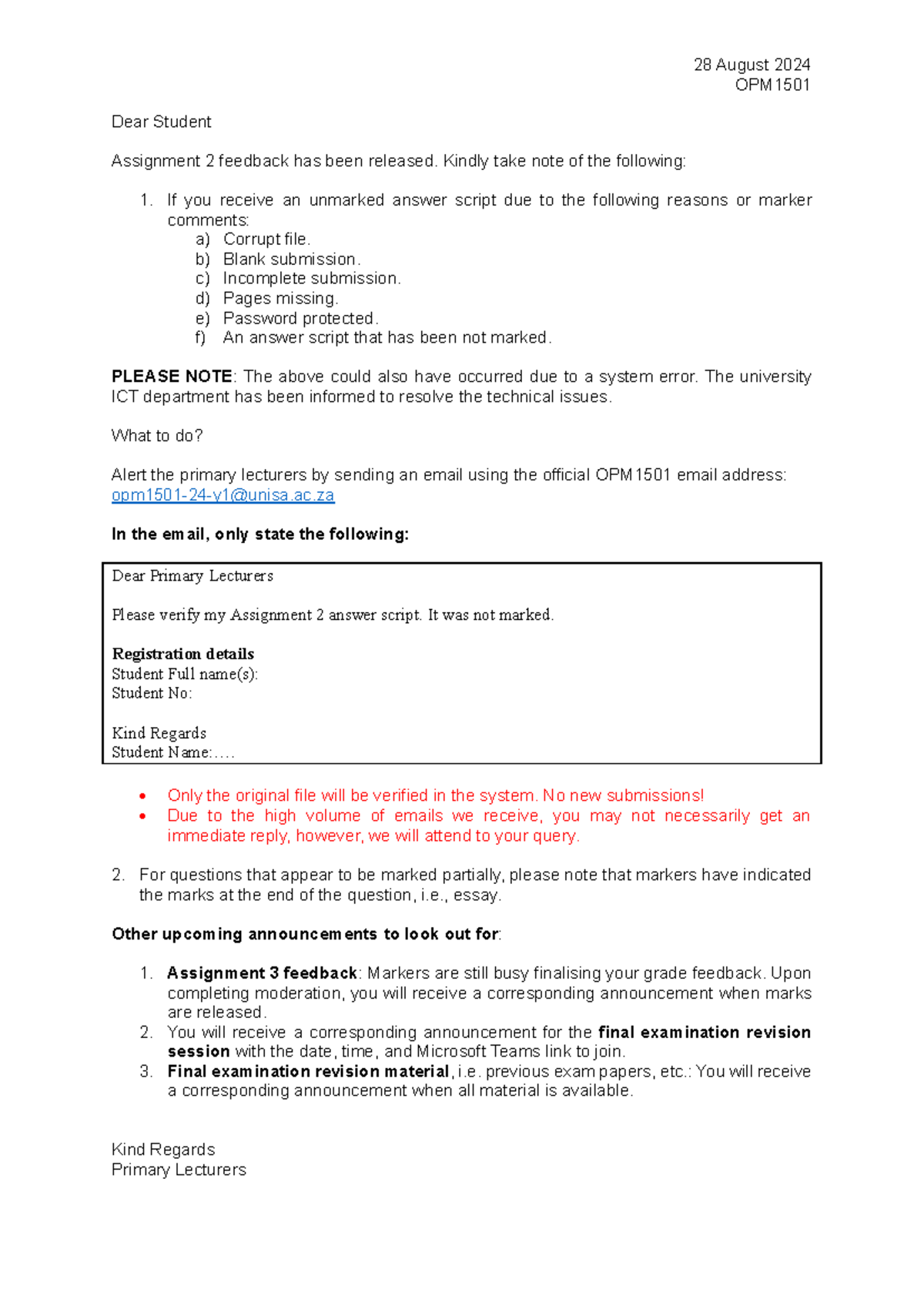 OPM1501 - Student Announcement - 28 August 2024-1 - 28 August 2024 OPM ...
