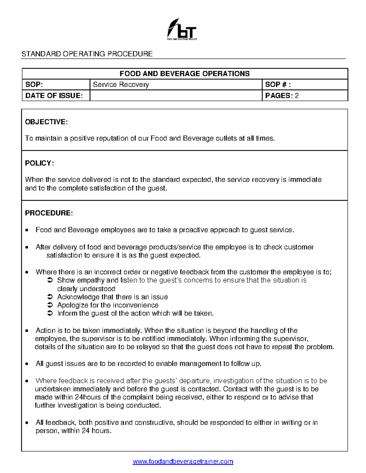 SOP Service- Recovery - STANDARD OPERATING PROCEDURE ...