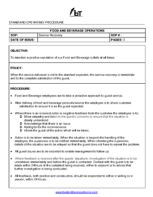 SOP Take Food Order - Food and Beverage Service - STANDARD OPERATING ...