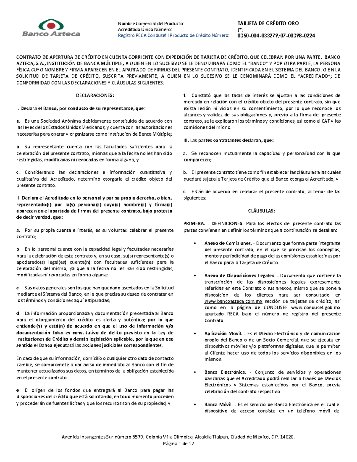 Contrato-tdc-tor - Hgghj - Acreditado Único Número: Registro RECA ...