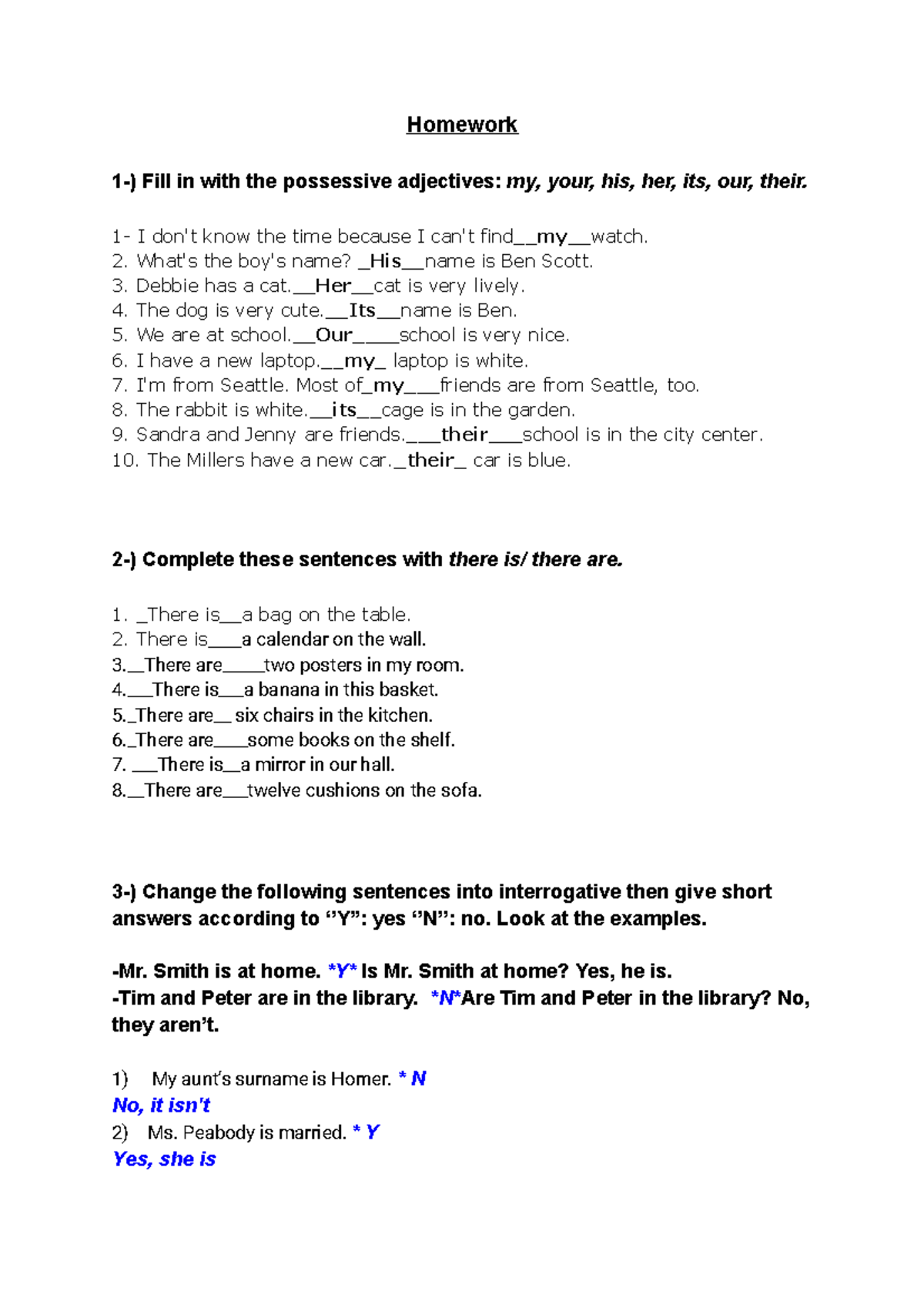 practica basica - Homework 1-) Fill in with the possessive adjectives ...