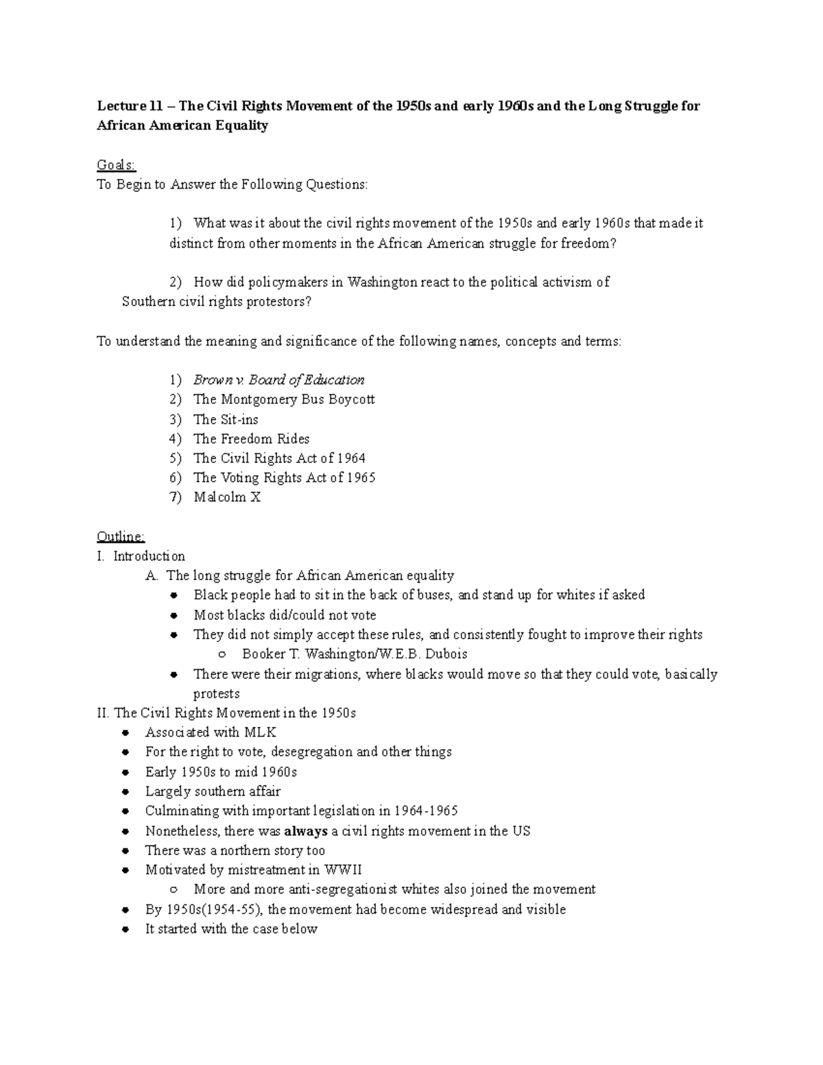 Lecture 11-The Civil Rights Movement of the 1950s and early 1960s and ...