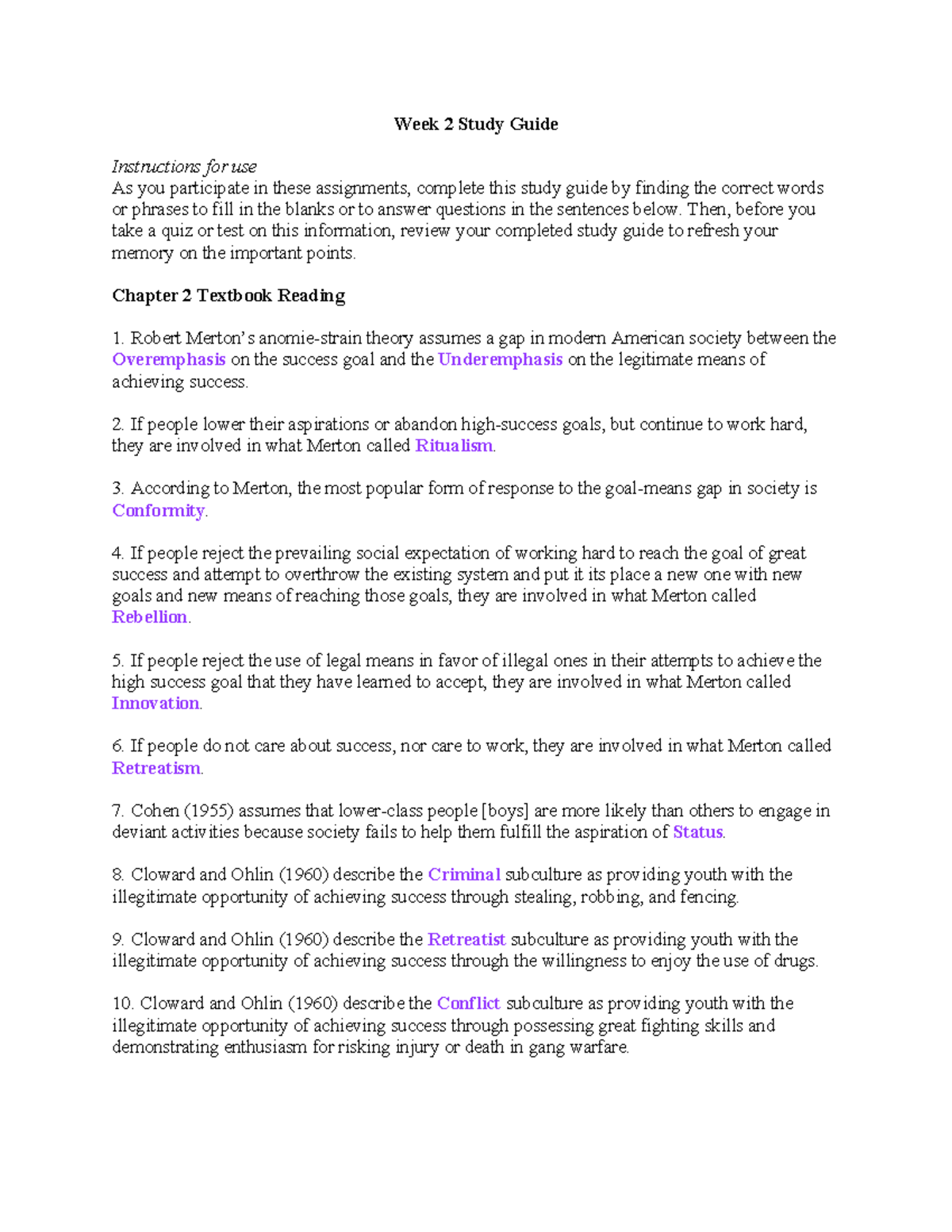 Study Guide 2 - Week 2 Study Guide Instructions for use As you ...