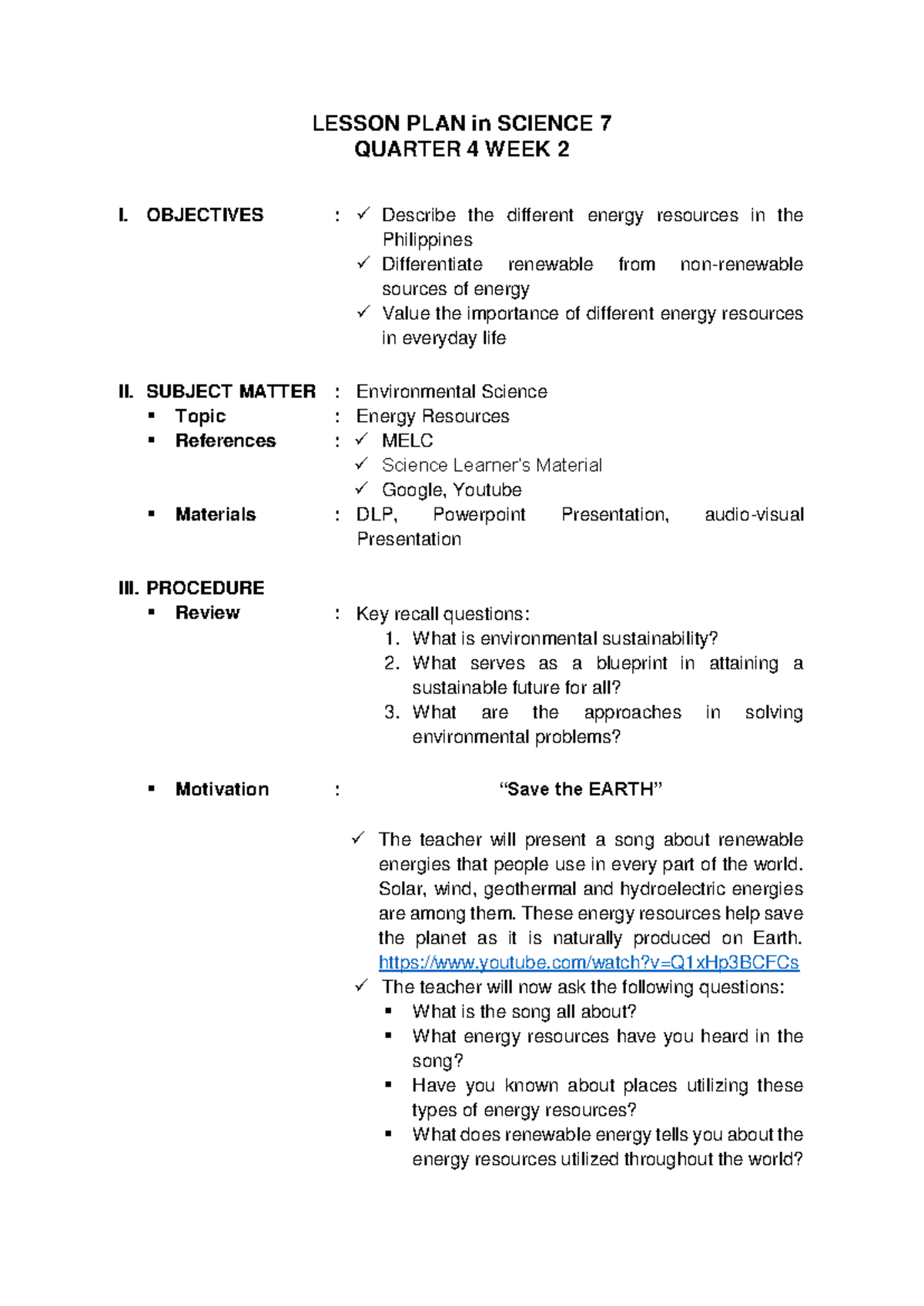 Q4 Module 2 Energy Resources - LESSON PLAN in SCIENCE 7 QUARTER 4 WEEK ...