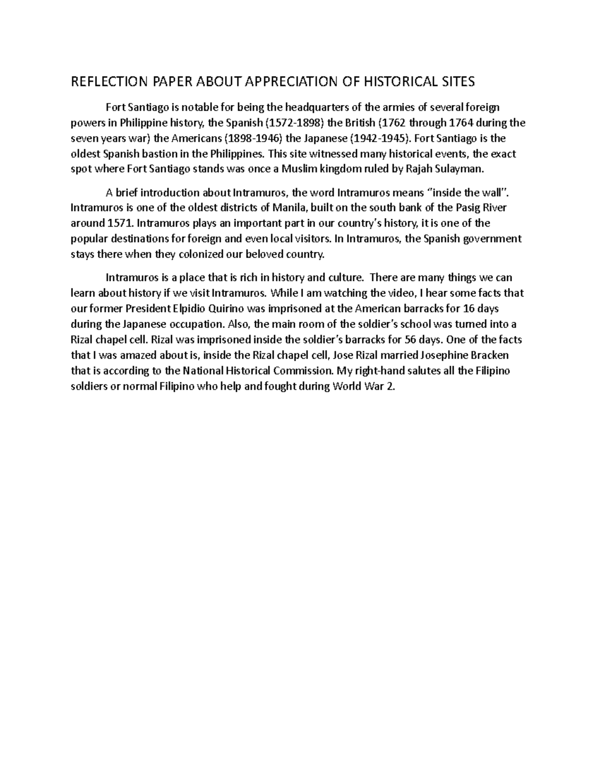 Reflection Paper 2 (FORT Santiago) - REFLECTION PAPER ABOUT ...