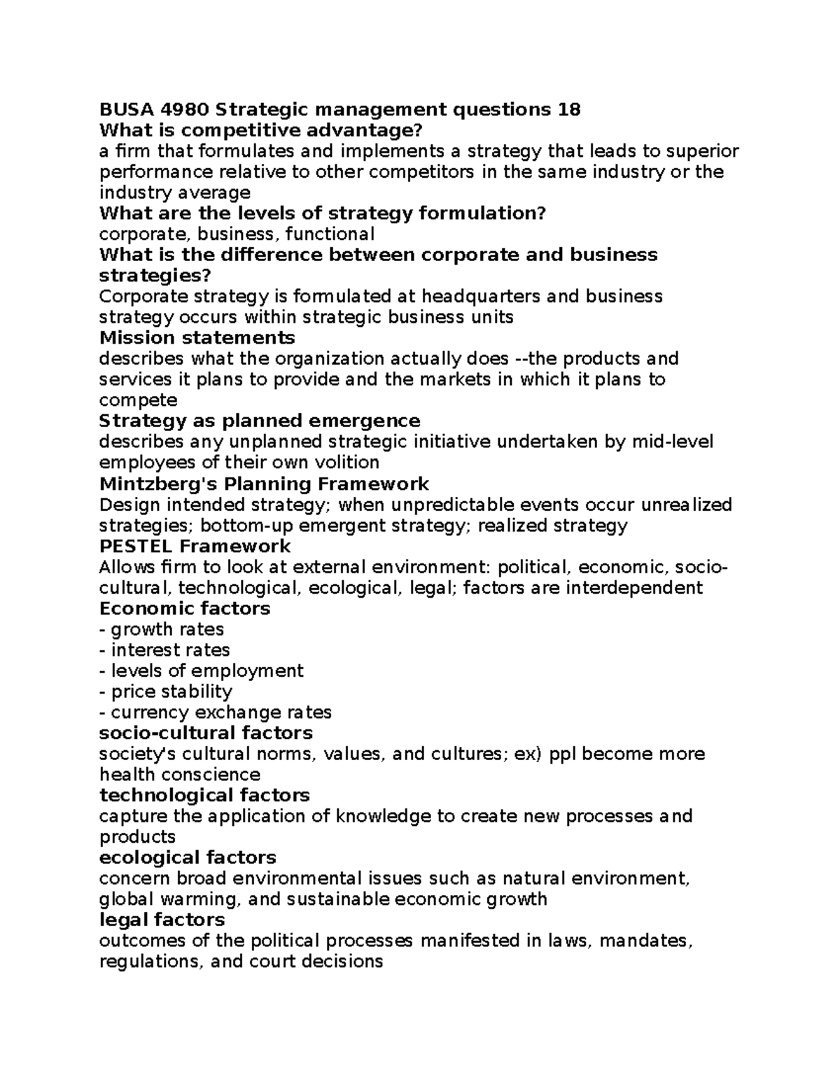 BUSA 4980 Strategic management questions 18 - BUSA 4980 Strategic ...