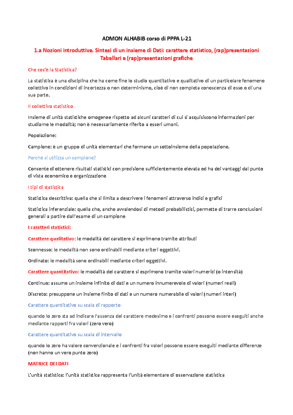 Analisi di statistica il primo modulo - ADMON ALHABIB corso di PPPA L ...