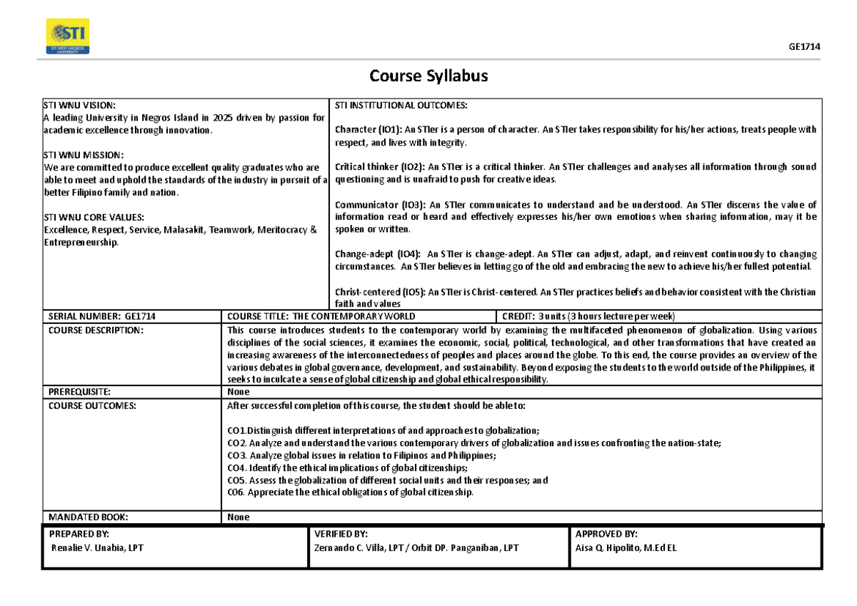 GEDC 1002 Contemporary World Syllabus - Course Syllabus STI WNU VISION: A leading University in ...