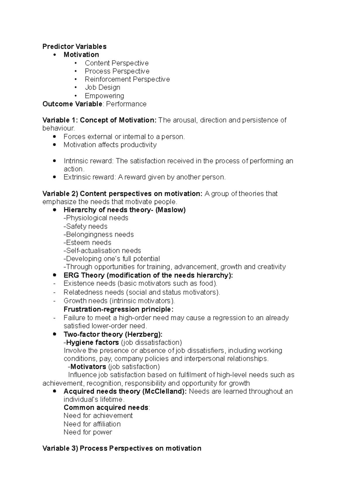 Lecture 10 Mant Notes Predictor Variables Motivation Content Perspective Process