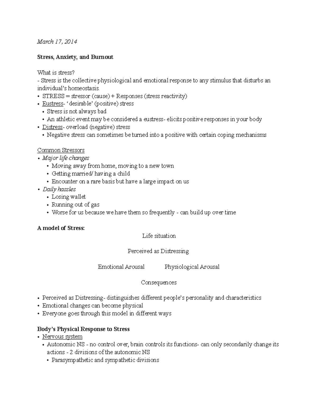 Lecture 20 26 Professor Ilsa Wong March 17 2014 Stress Anxiety And Burnout What Is