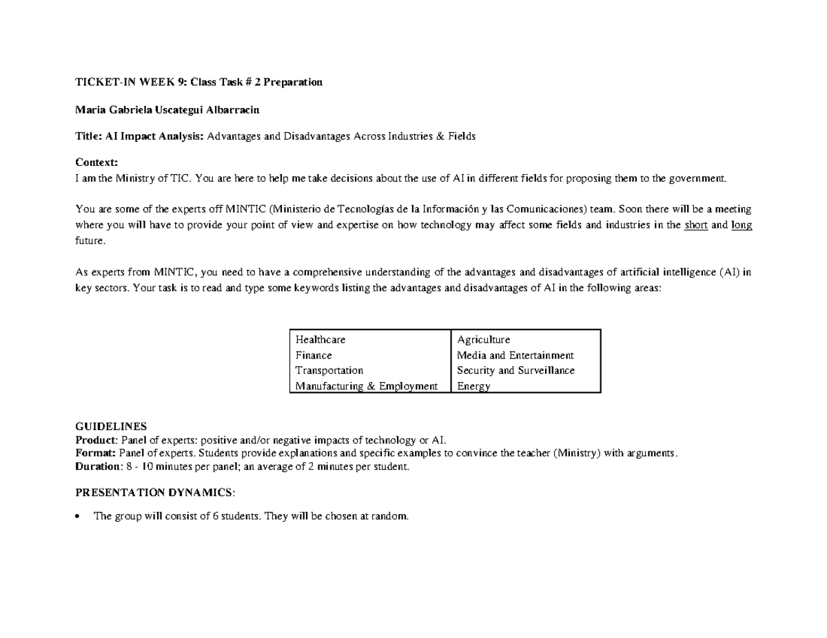 Ticket-in Week 9 - Ticket in inglés 5 - TICKET-IN WEEK 9: Class Task # 2 Preparation Maria ...