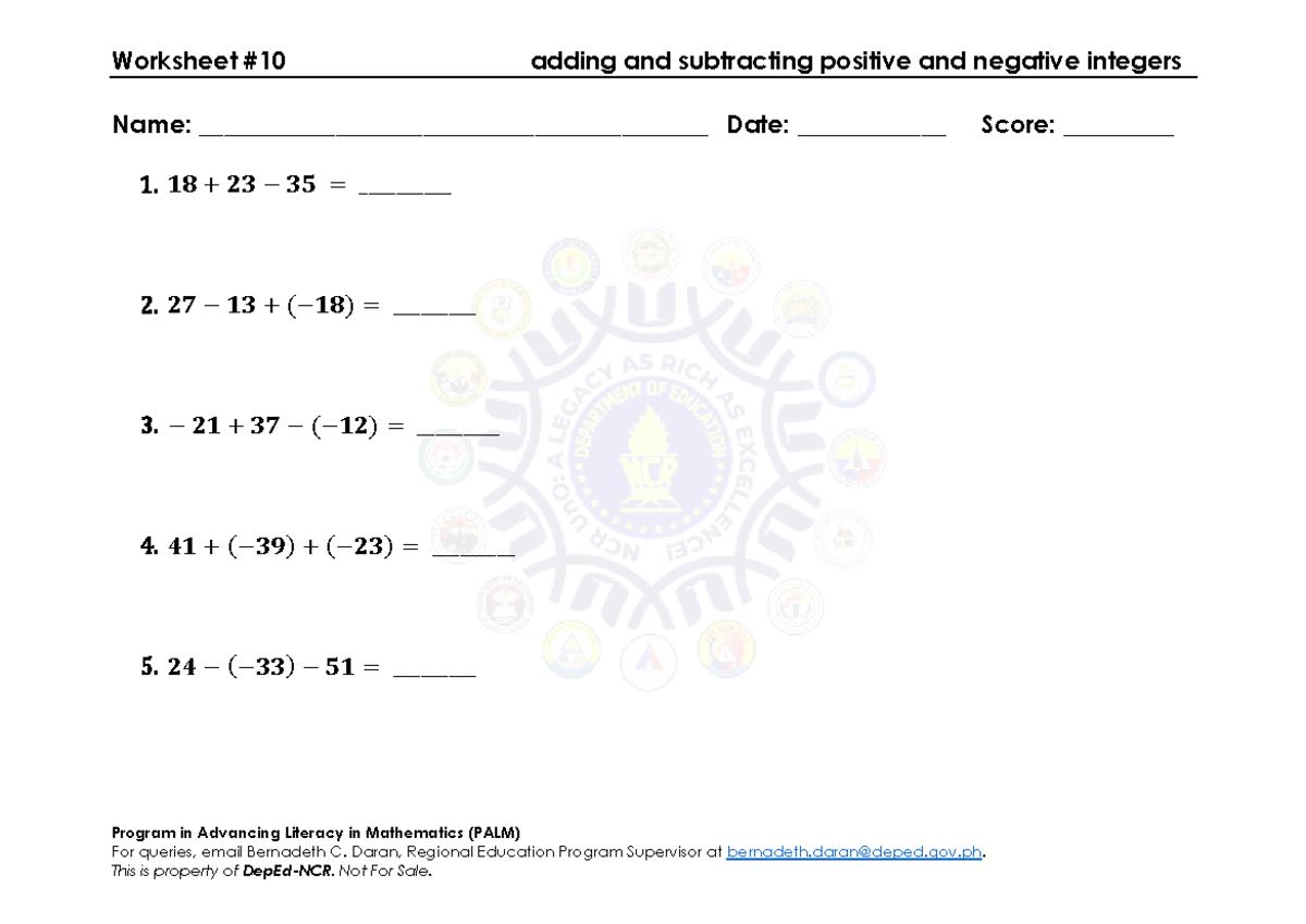 WS10 (Adding and Subtracting Positive and Negative Integers ...