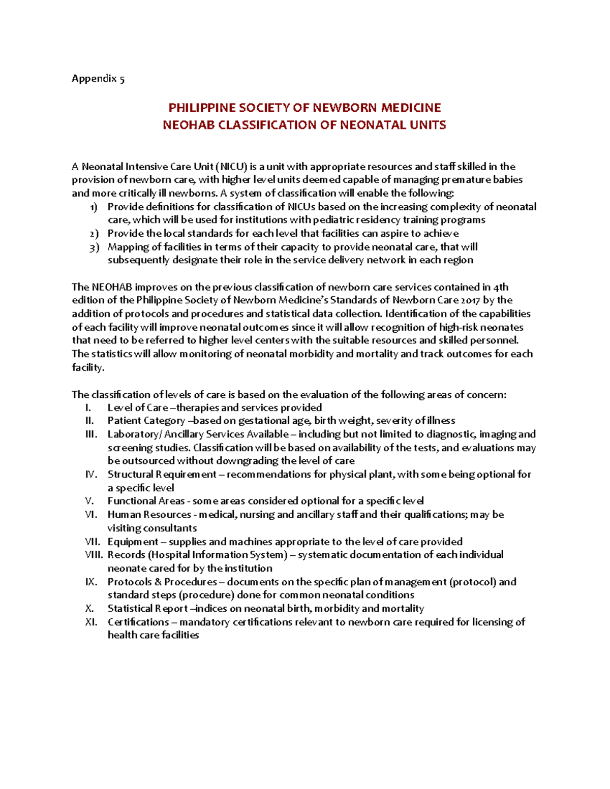 Appendix 5 Neohab Classification OF Neonatal Units - Appendix 5 ...