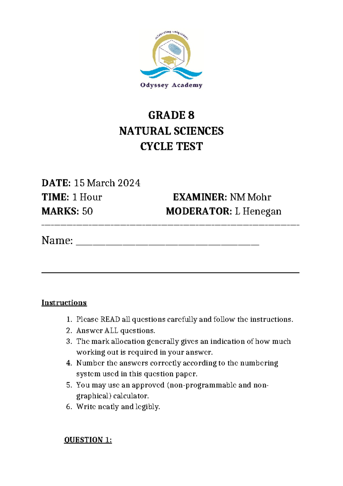 2024 Gr 8 test 1 - NATURAL SCIENCES - GRADE 8 NATURAL SCIENCES CYCLE ...