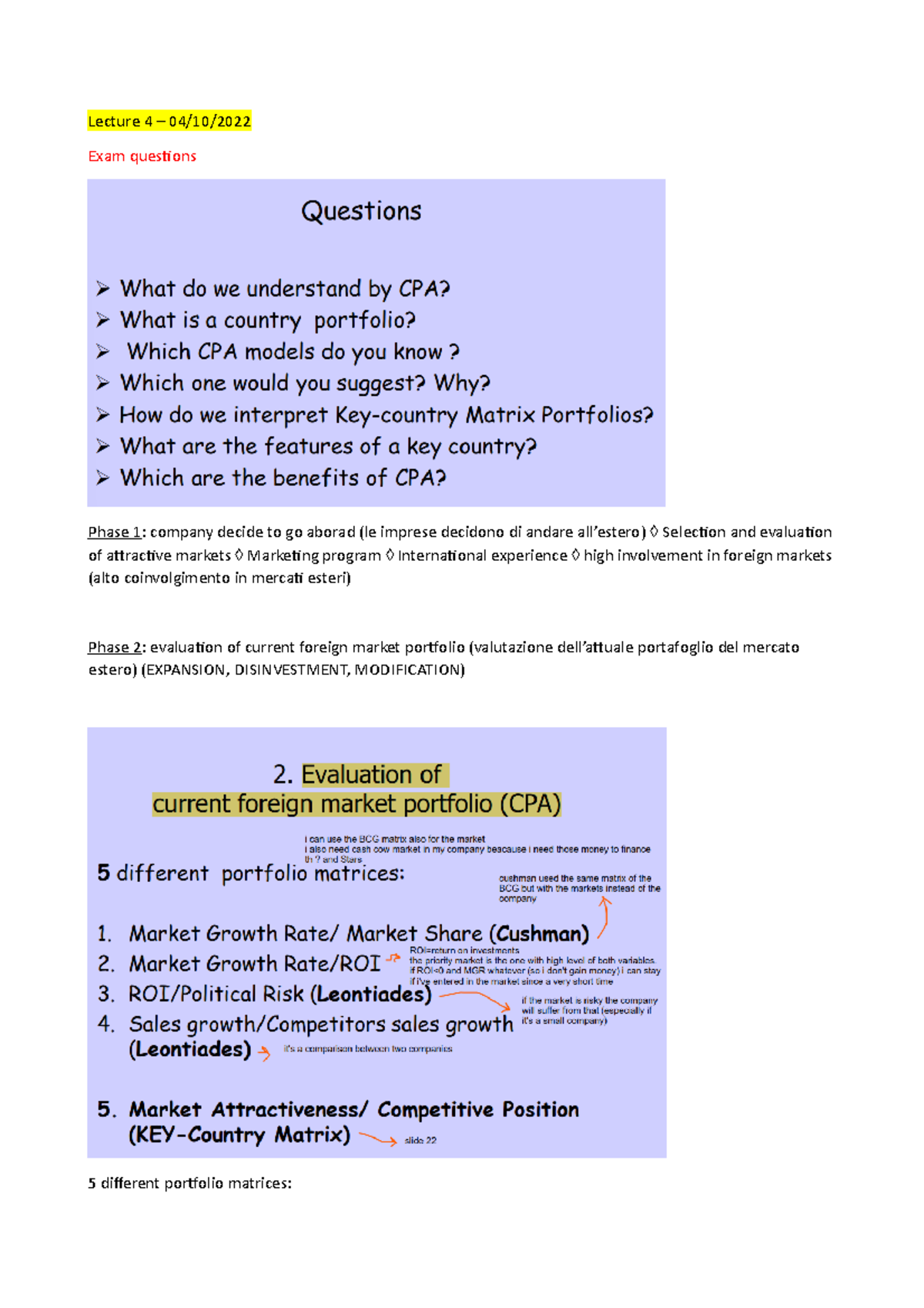 Country Portfolio Analysis - Lecture 4 - Lecture 4 – 04/10/ Exam ...