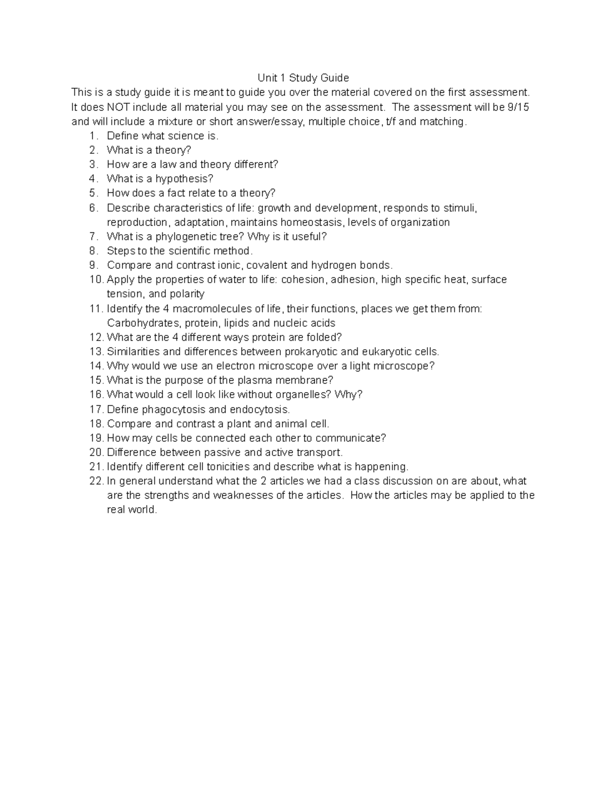 Unit 1 Organization of Life Study Guide - Unit 1 Study Guide This is a ...