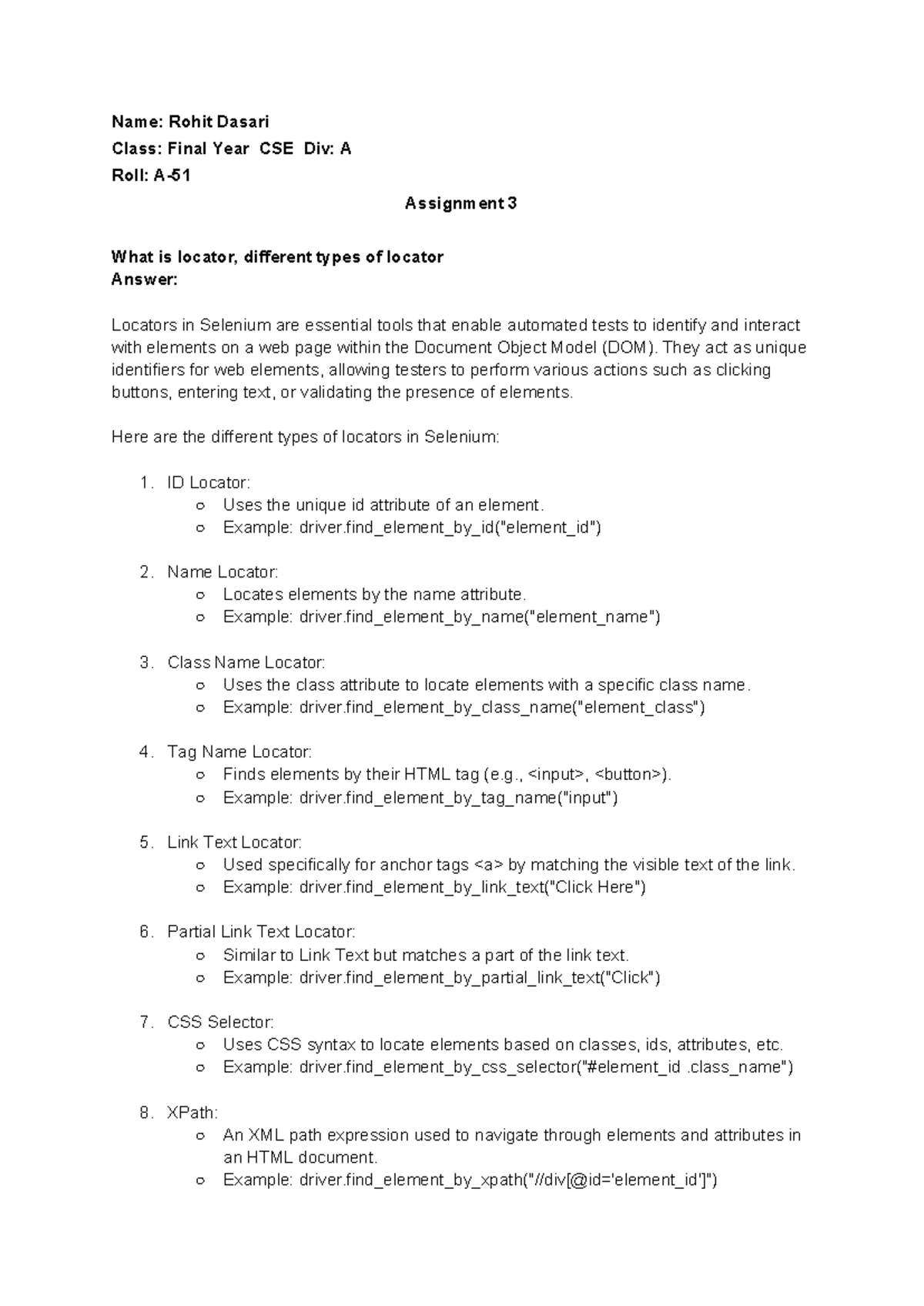 STQA Assignment no 3-1 - Hhhhhhhhhhhhhhhhhh - Name: Rohit Dasari Class: Final Year CSE Div: A ...