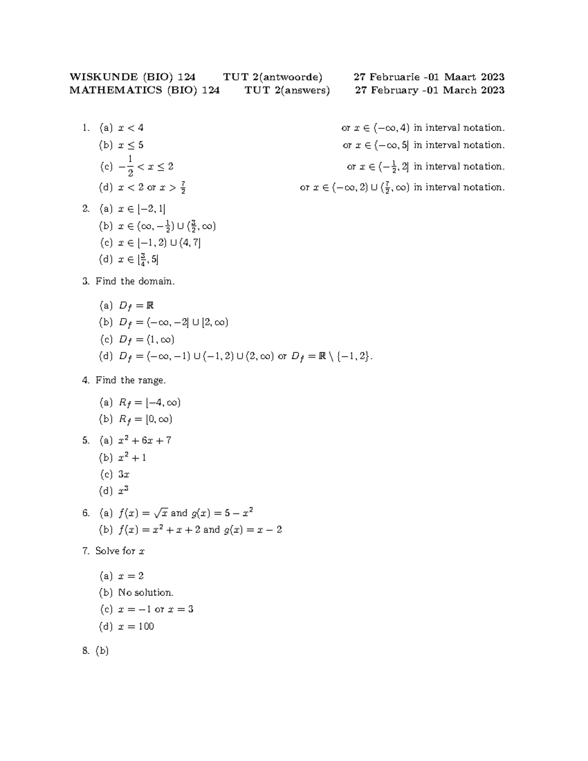 Memo-tut-2 - short - hiiiiii - WISKUNDE (BIO) 124 TUT 2(antwoorde) 27 Februarie -01 Maart 2023 ...