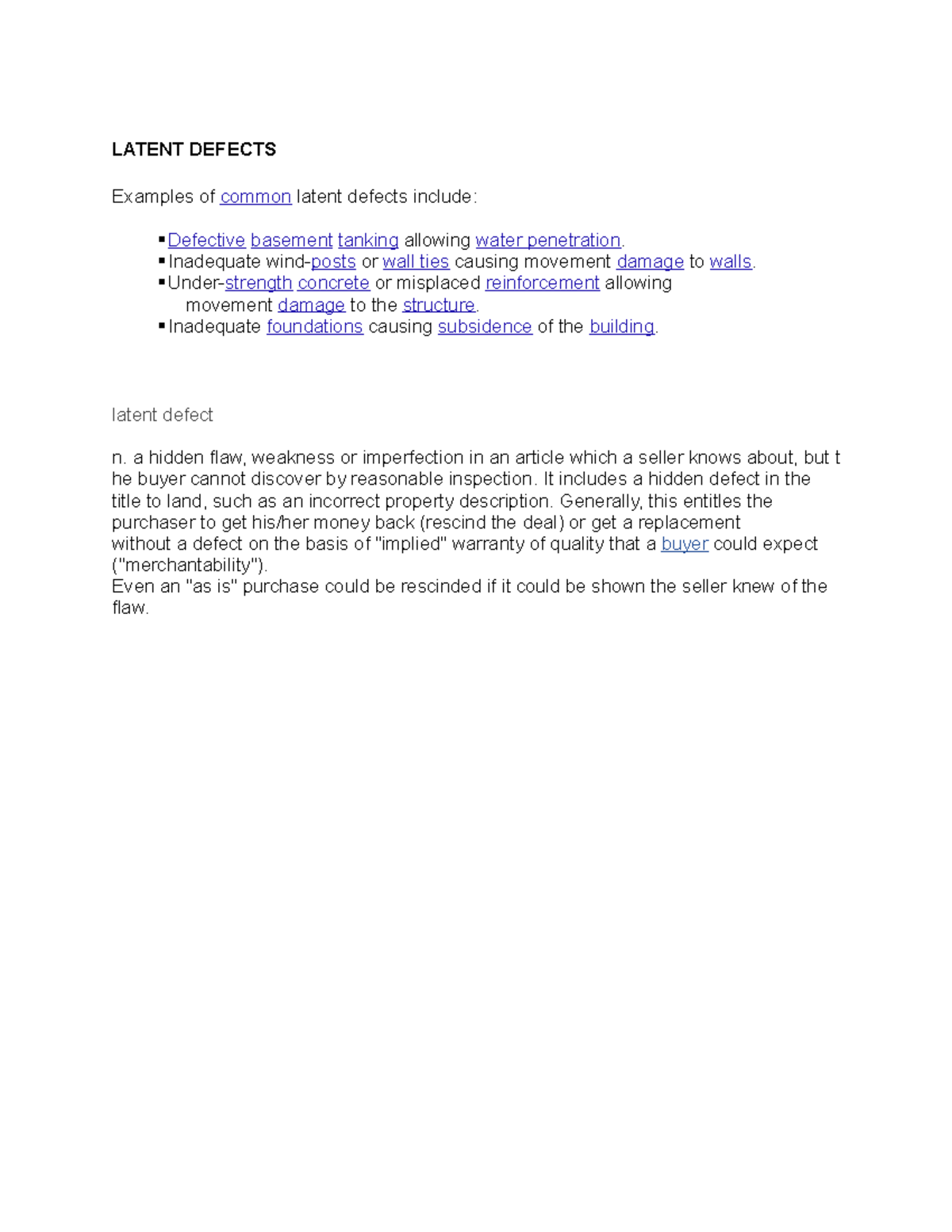 Latent Defects - BLAW 424 Fred Davis Fall 23' - LATENT DEFECTS Examples ...