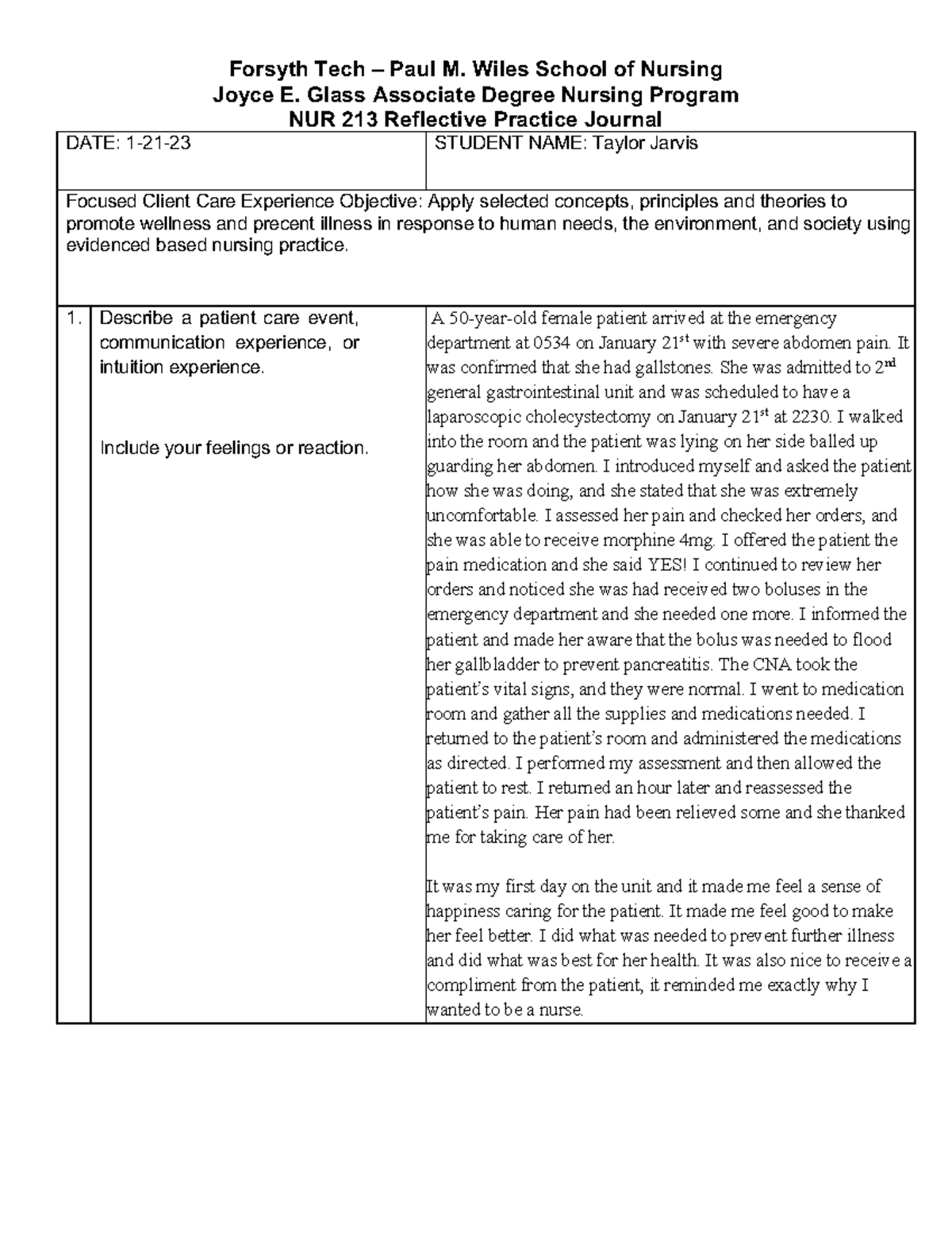 Preceptor Day 1 Journal - Forsyth Tech – Paul M. Wiles School of ...