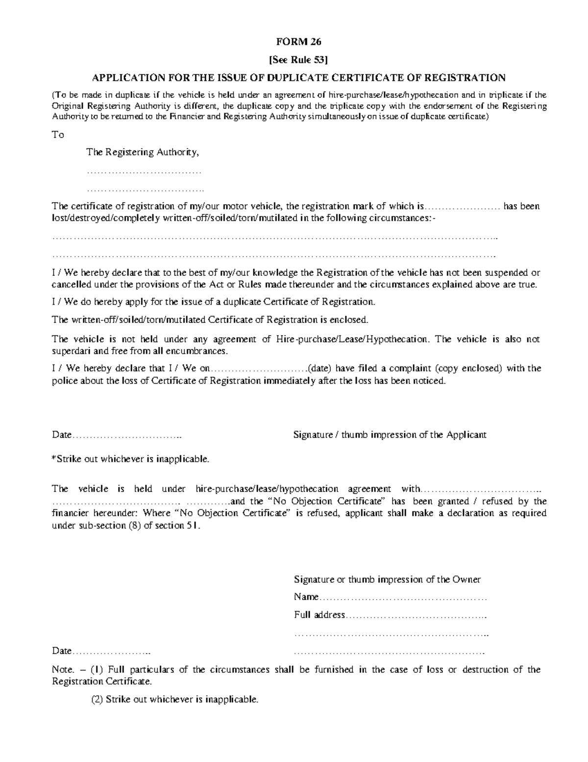 Form26A - FORM 26 [See Rule 53] APPLICATION FOR THE ISSUE OF DUPLICATE ...