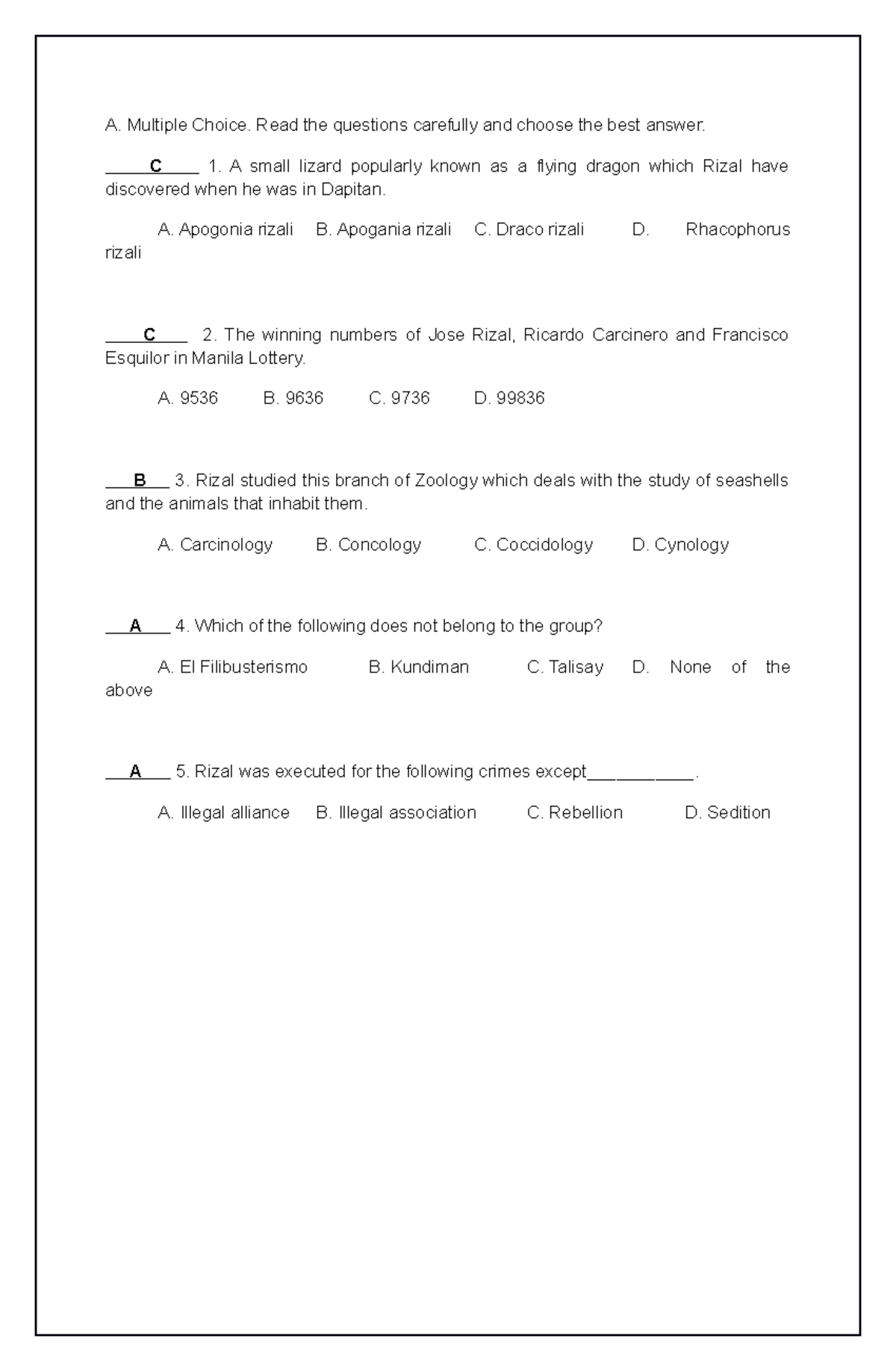 Rizal's History - A. Multiple Choice. Read the questions carefully and ...