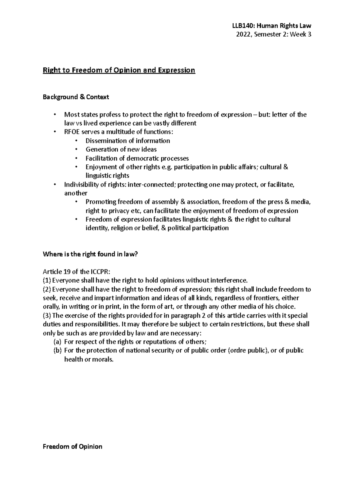 LLB140: Human Rights Law 2022, Semester 2: Week 3 Notes - 2022 ...