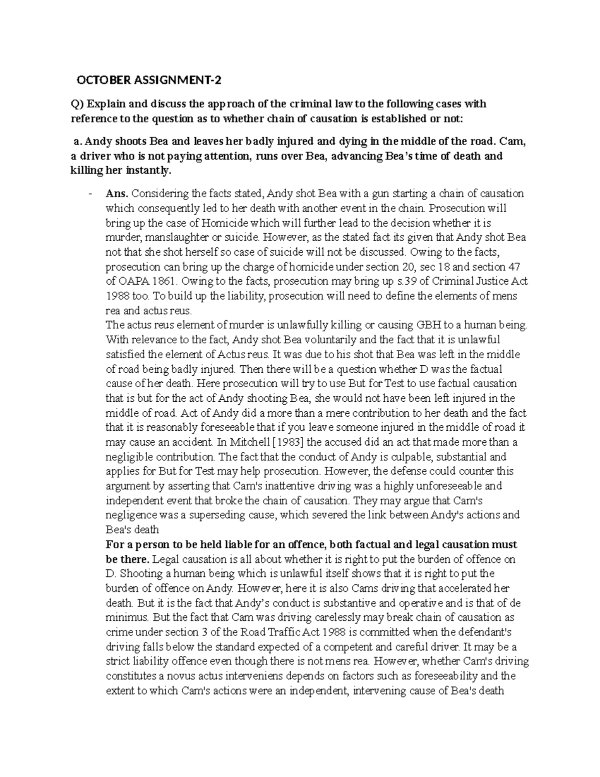 Cr. Law assignment 2 - OCTOBER ASSIGNMENT- Q) Explain and discuss the ...