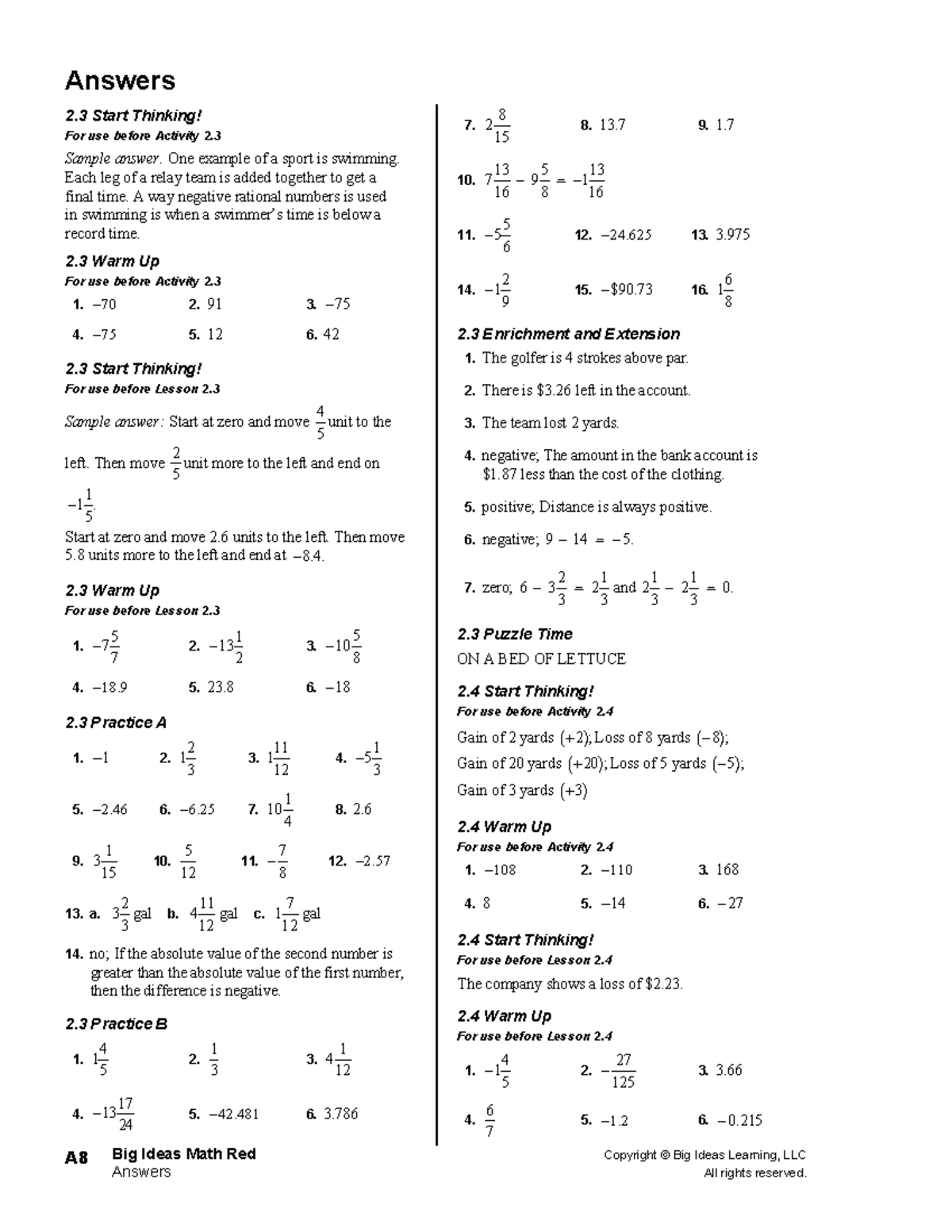 2.3 Practice A answer key - Answers Big Ideas Math Red Copyright © Big ...