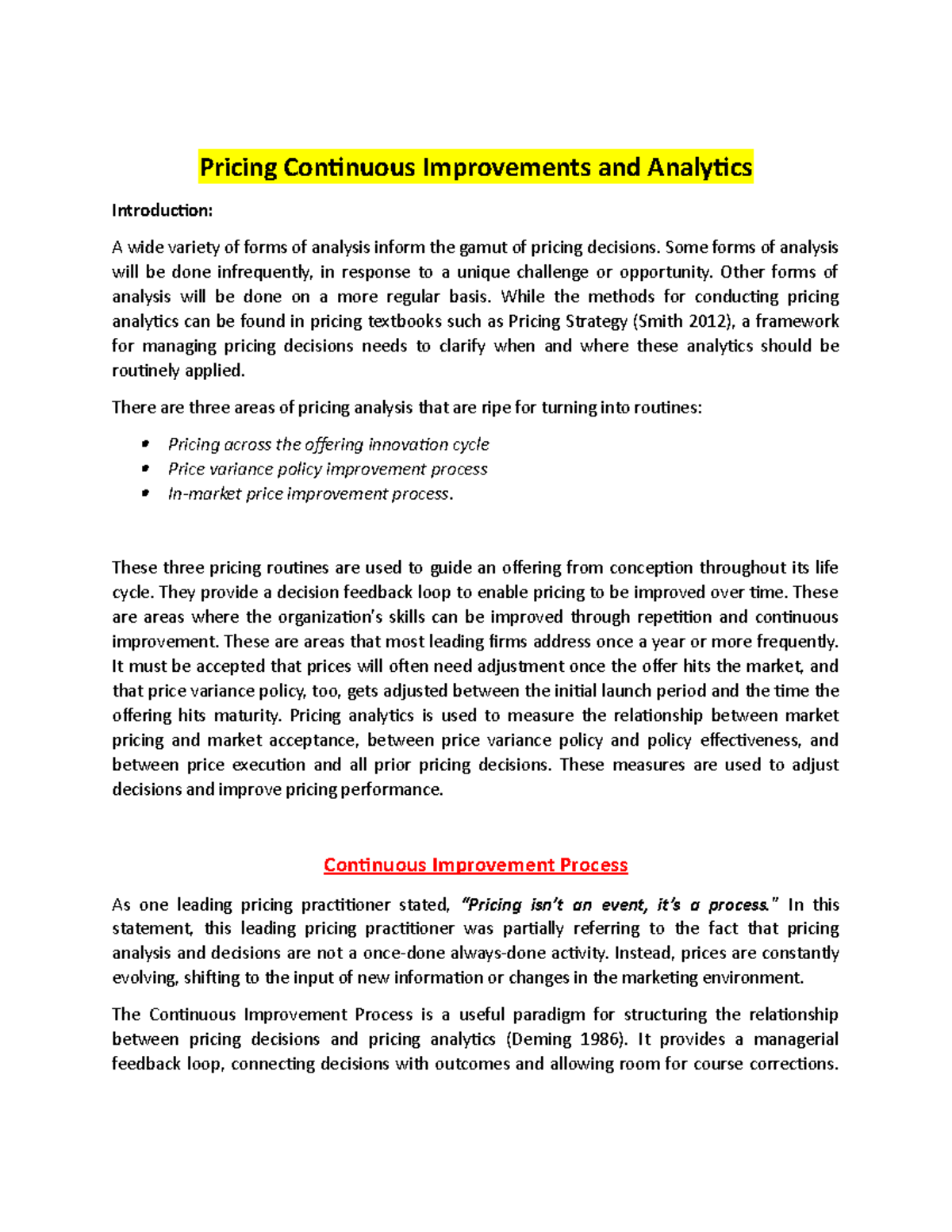 Pricing Continuous Improvements and Analytics - Pricing Continuous ...