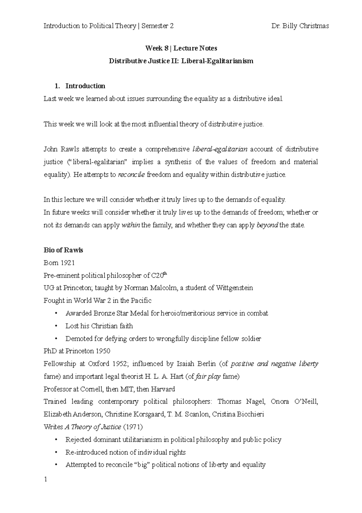2.8 Distributive Justice II Liberal-Egalitarianism - Lecture Notes ...