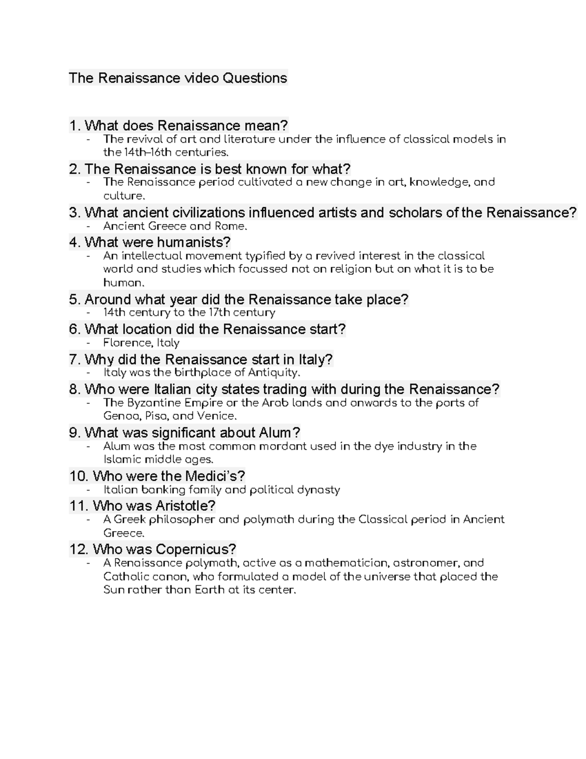 Renaissance crash course worksheet - The Renaissance video Questions 1 ...