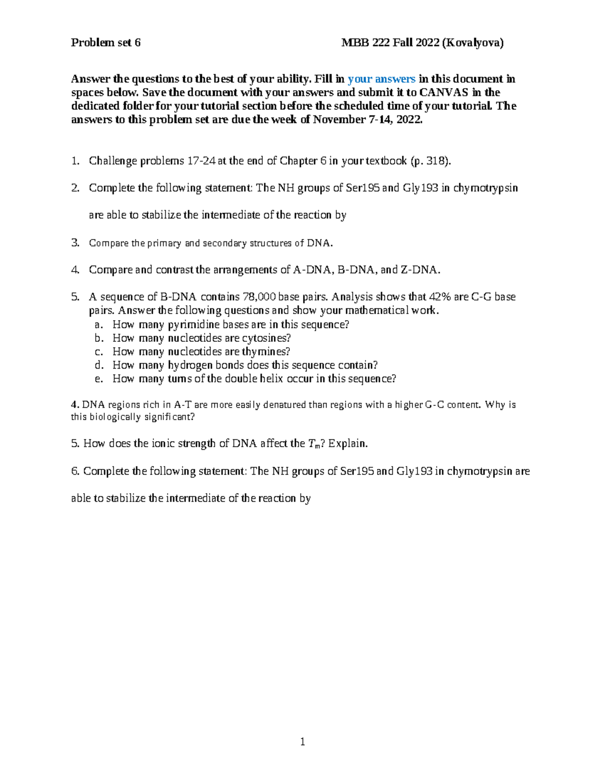 Problem set 6 - here are some notes from my class - Problem set 6 MBB ...