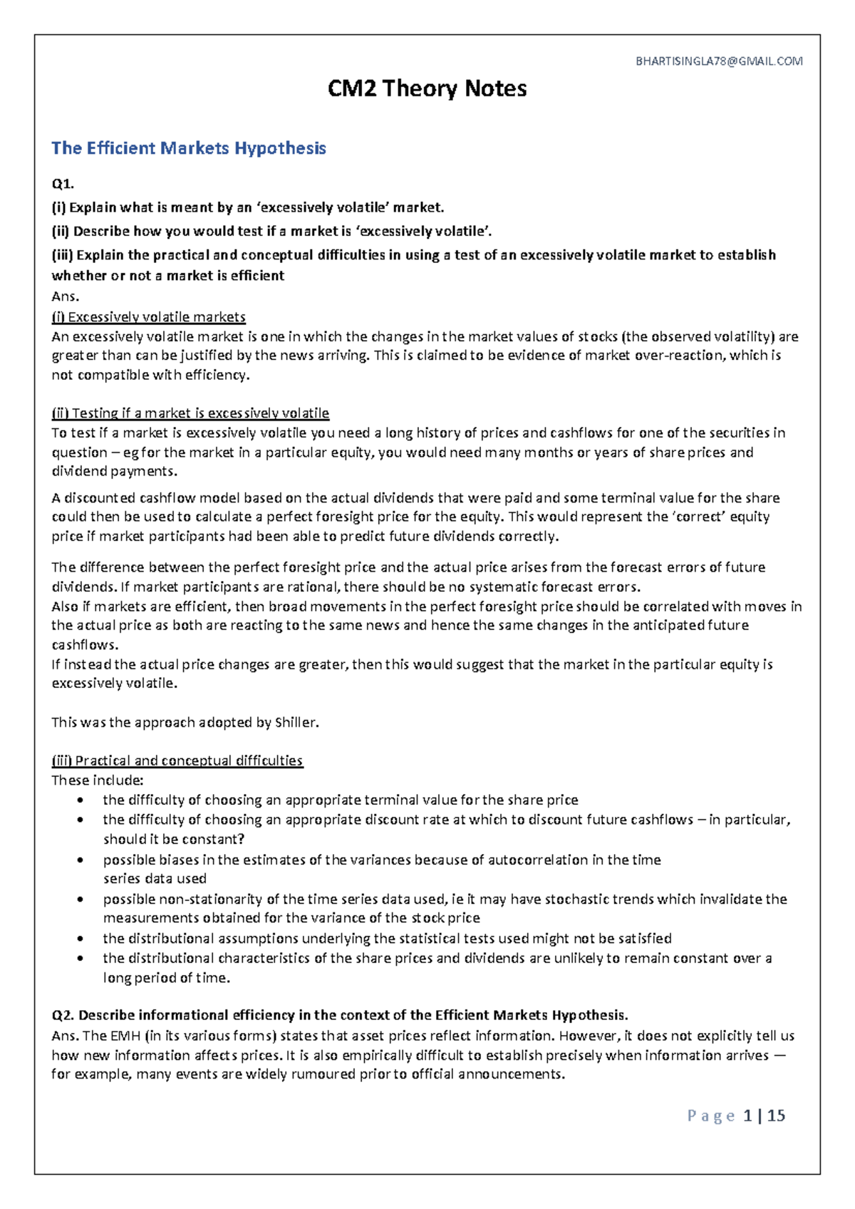 CM2 theory notes - CM2 Theory Notes The Efficient Markets Hypothesis Q1 ...