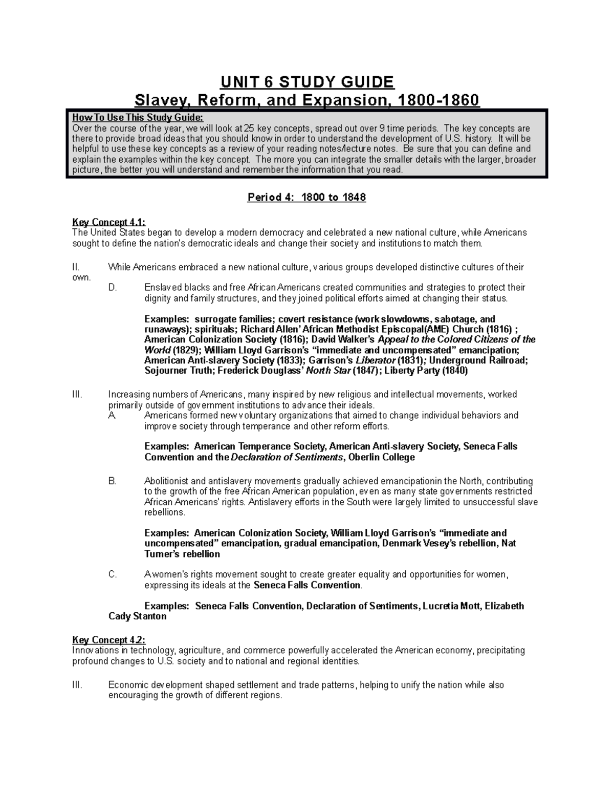 UNIT 6 Study Guide - feafaefeg - UNIT 6 STUDY GUIDE Slavey, Reform, and ...
