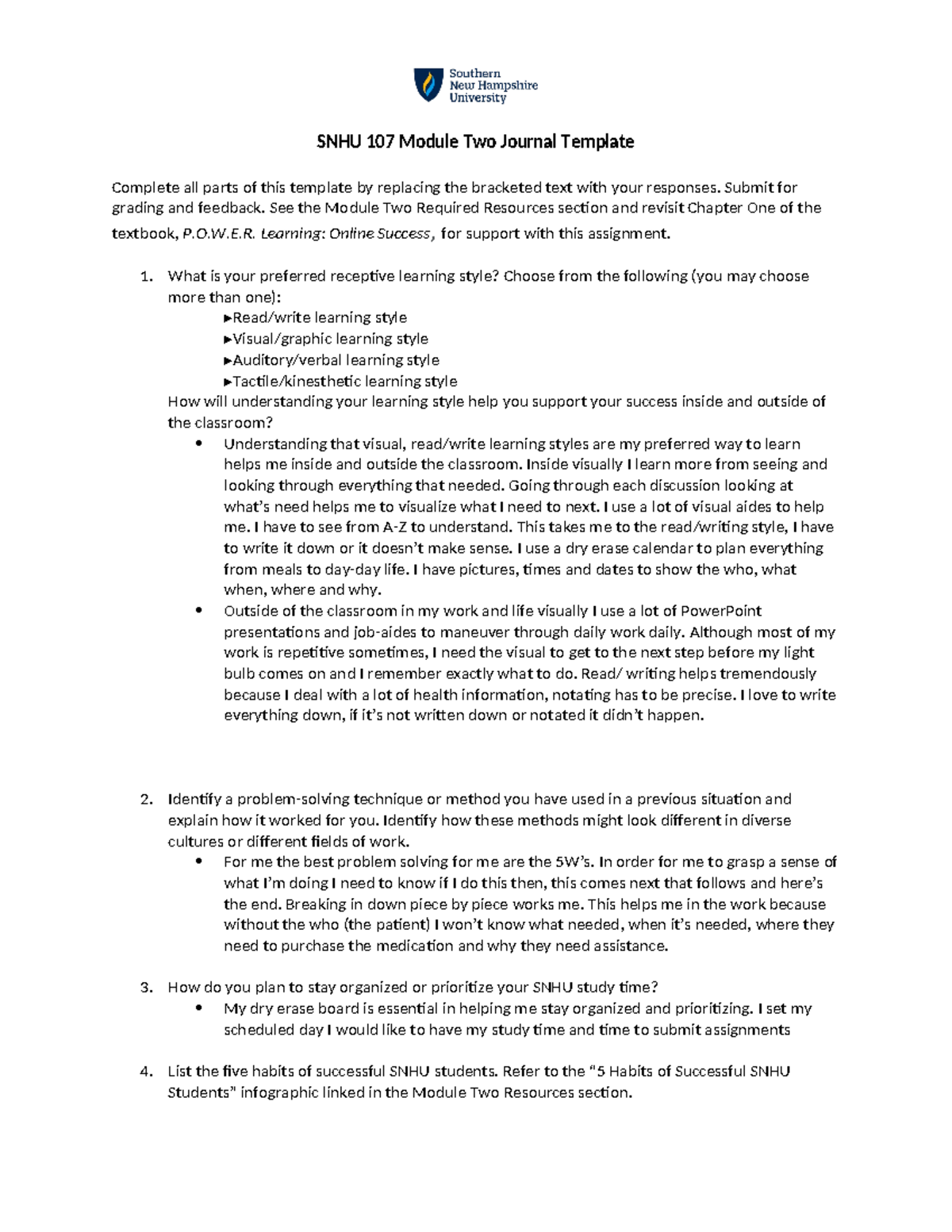 Learning Habits 2-2 Journal - SNHU 107 Module Two Journal Template ...
